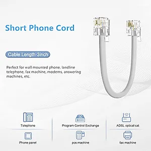 Short Phone Cord, 2 Pack 3 inch RJ11 6P4C Male to Male Telephone Landline Extension Cable Line Wire Connector for Landline Telephone, Modem, Fax Machine, White