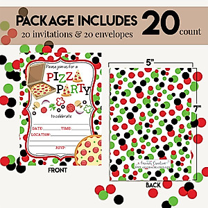 Pizza Party Themed Birthday Party Invitations for Kids, 20 5x7 Fill In Cards with Twenty White Envelopes by AmandaCreation
