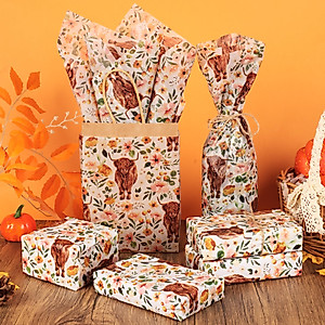 100 Sheets 20 * 14 Inches Floral Highland Cow Tissue Paper for Gift Bags, Boho Flower Gift Wrapping Tissue Paper for Birthday Wedding Baby Shower Cow Themed Party DIY Craft