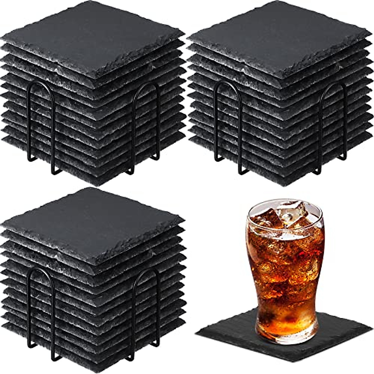 36 Pieces Black Slate Coasters Bulk with Holder Square Stone Coasters for Drinks 4 Inch Rustic Handmade Bar Coasters Set with Anti Scratch Bottom for Coffee Home Table Kitchen