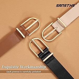 SANSTHS 3 Pack Women Faux Leather Chic Belts for Jeans Pants Fashion Ladies Belt Solid Color with Gold Curved Pin Buckle,Black Brown Beige,S