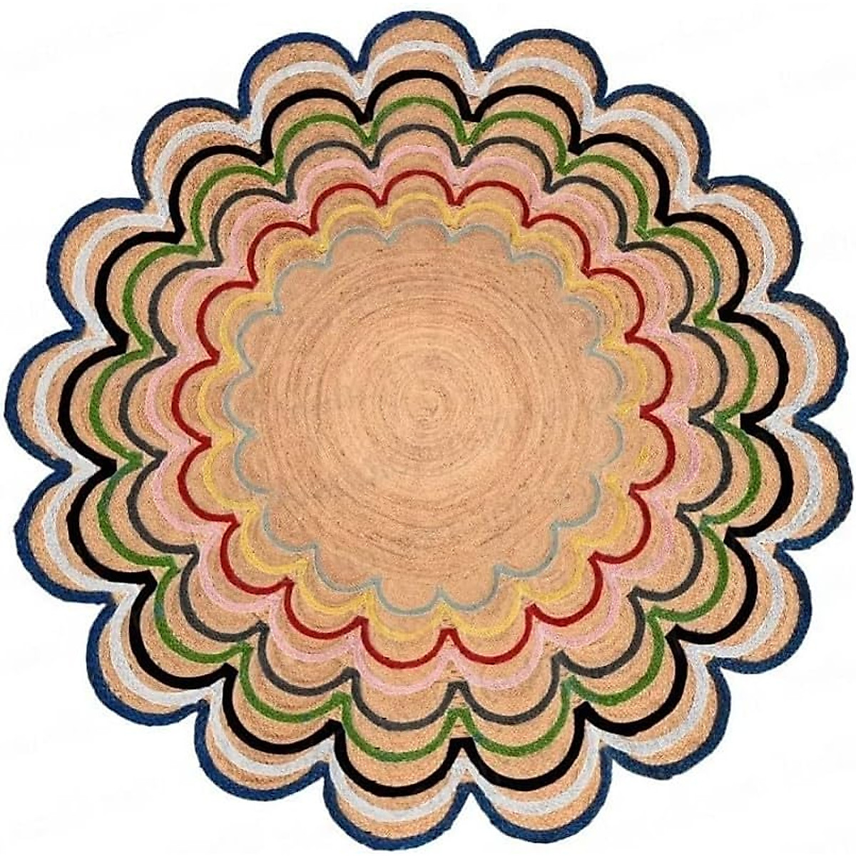 Laxmi Exports 4x4, 5x5, 6x6,feet Natural Jute Scallop Round Rug, Floor Scalloped Edge Rug Braided Boho Eco Large Circular Handmade Area Rugs (WHT_3x3)