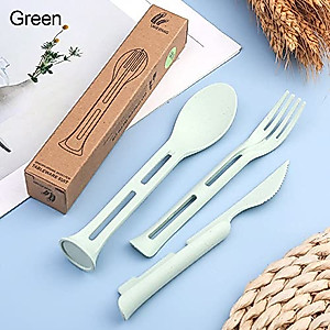 3pcs/set 3 in 1 Travel Portable Cutlery Set Japan Style Wheat Straw Knife Fork Spoon Student Dinnerware Sets Kitchen Tableware (Green)