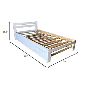 Amazonas White Twin Bed with Trundle Wooden Trundle Bed Twin Size Solid Pine Wood and Hardwood Slats Support Kids Bed Boy Girl Wooden Bedroom Furniture