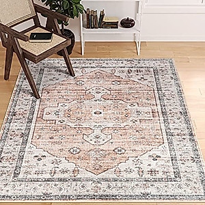 Valenrug Pink Washable Rug - Non-Slip Soft 5x7 Area Rugs, Stain Resistant Antique Rugs for Living Room, Foldable Vintage Bedroom Rug(5'x7', TPR35-Pink)