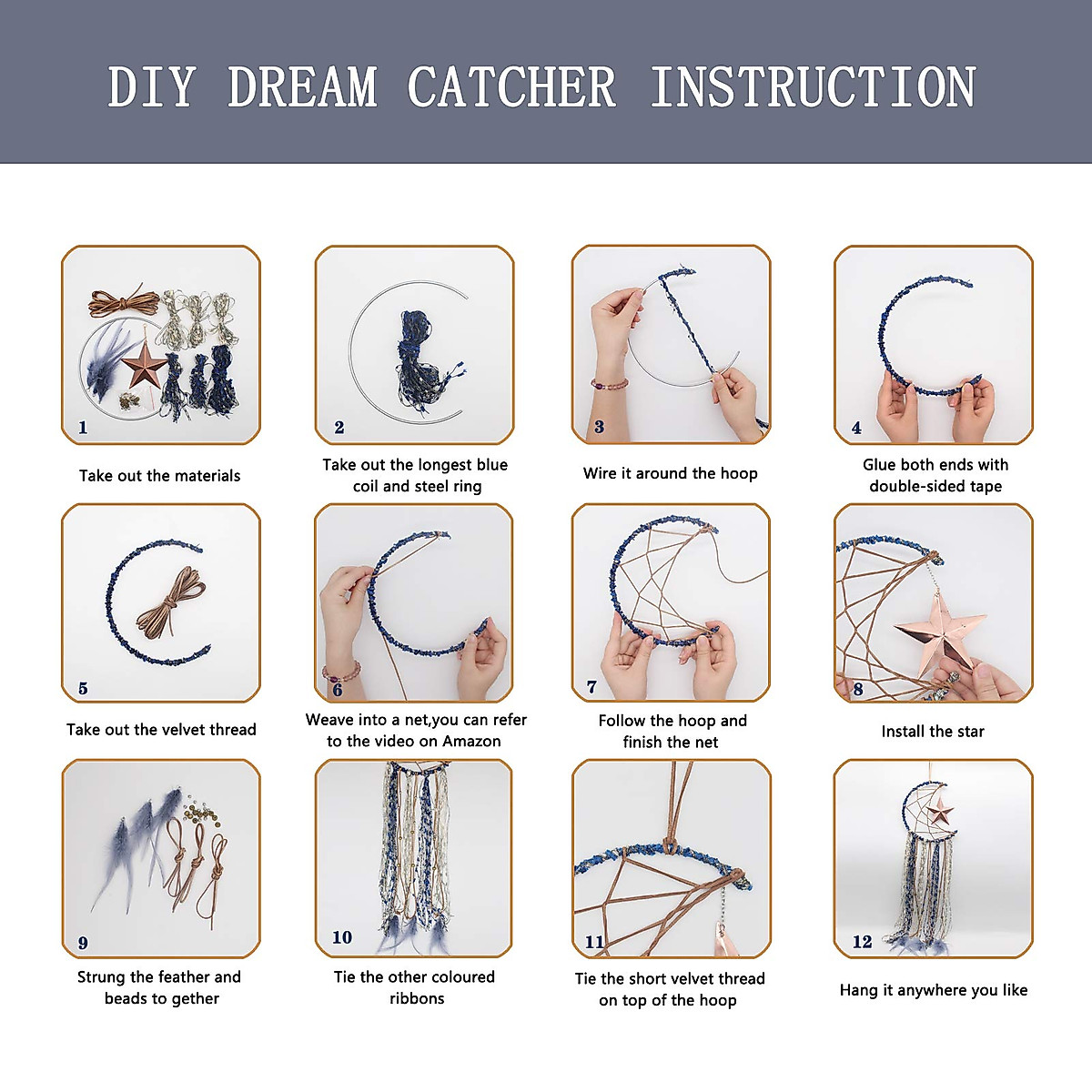 KPPKUEC Dream Catcher Craft,DIY Dream Catcher kit for Girls Moon Design Blue Wall Decor Catchers for Birthday Party Baby Shower Bridal Shower Wedding Nursery Baby Room Kids Xmas Gift Bedroom