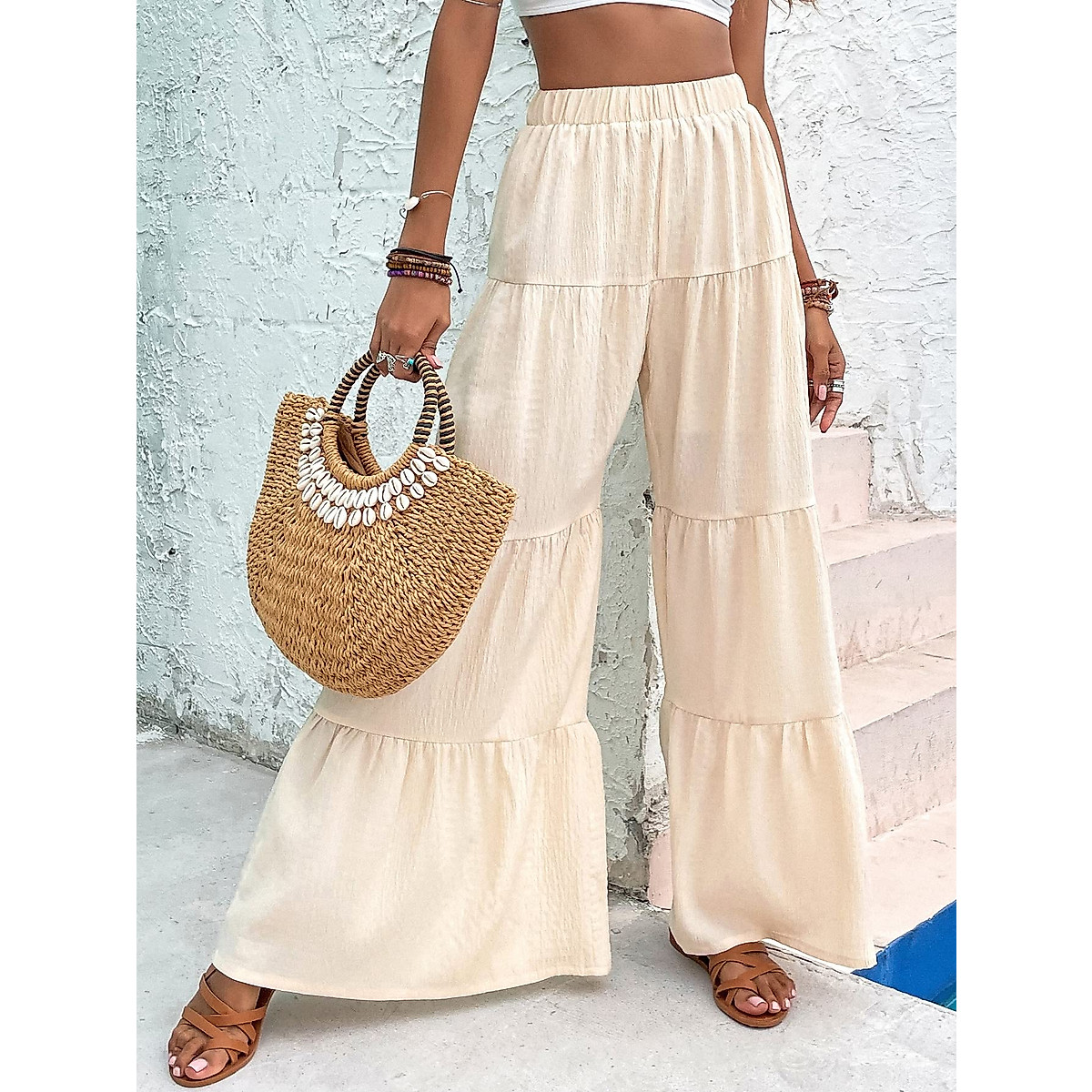 WDIRARA Women's Flowy Boho Elastic High Waist Ruffle Hem Wide Leg Beach Loose Palazzo Pants Beige M