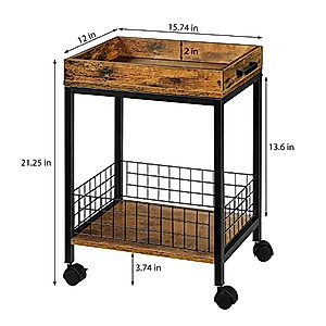 Fogein Side Table with Wheels,End Table with Removable Serving Tray, Industrial Retro Side Table Nightstand Storage Shelf, for Sofa Kitchen Living Room and Bedroom(Rustic Brown)