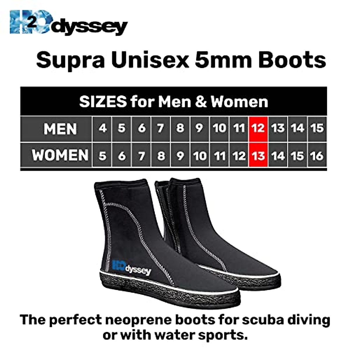 H2ODYSSEY Supra 5mm Unisex Boots - Anti Slip Ultra Durable Water Boots for Water Sports - 12
