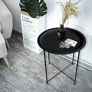 Garden 4 you Folding Tray Metal Side Table Black Round End Table Cyan Sofa Small Accent Fold-able Table, Round End Table Tray, Next to Sofa Table, Snack Table for Living Room and Bed Room