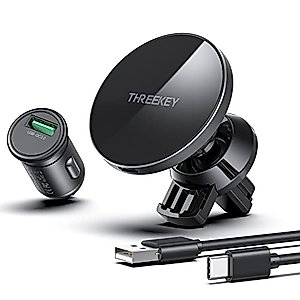 Compatible with Magsafe Car Mount Charger,THREEKEY Magnetic Wireless Car Charger Mount Vent Hook Phone Holder for iPhone 14/13/12 Series Phone & MagSafe Case(with QC3.0 Adapter)