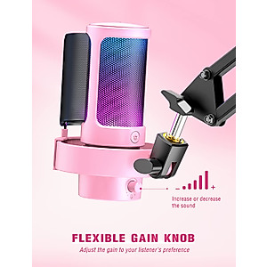 FIFINE USB Streaming Gaming Microphone, PC Condenser Desktop Mic for Video, Home use, YouTube, with RGB Control, Gain Knob, 3.5mm Headphone Jack, Shock Mount, on Computer/PS5-AmpliGame A8 Pink