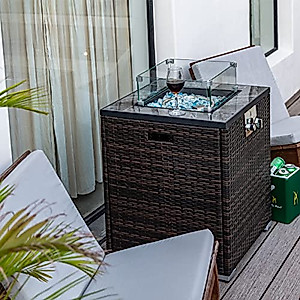 AJ Enjoy 24in Outdoor Propane Gas Fire Pit Table, 40,000 BTU Auto-Ignition Gas Firepit with Glass Wind Guard, Marble Tile Tabletop, Mixed Color Glass Rocks, Brown PE Rattan