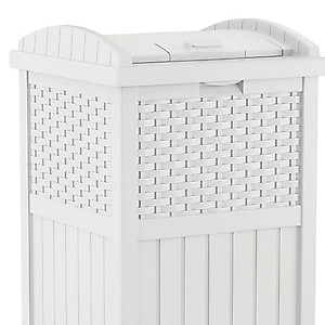 Suncast 33 Gallon Durable Plastic Hideaway Outdoor Garbage Can Trash Bin with Lid and Wicker Design for Backyard, Deck, or Patio, White