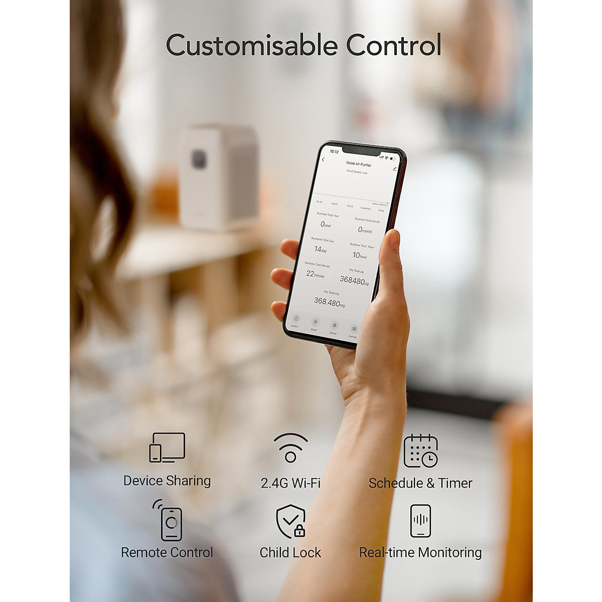 Nooie WiFi Air Purifier,H13 HEPA Filter Remove 99.97% Dust, Pollen, Smoke up to 538 Sq.Ft. For Pets Allergies,Baby friendly Air Purifier With Ultra Low Noise Sleep