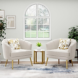 Andeworld Velvet Accent Chair, Upholstered Modern Single Sofa Side Chair,Comfy Barrel Club Living Room Armchair with Golden Metal Legs for Bedroom Living Reading Room Office, Beige