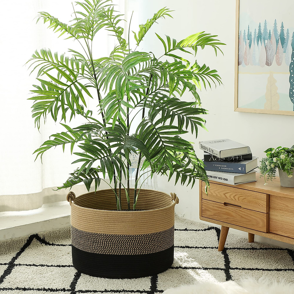 KAKAMAY Large Cotton Rope Blanket Basket (20"x13"),Woven Baby Laundry Hamper，Blanket Basket for Nursery, Laundry, Living Room, Pillows, Toys Dotted Pattern（White）