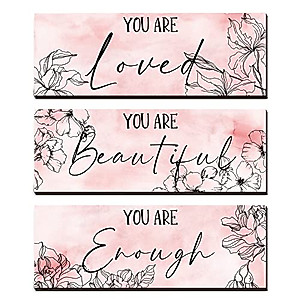 3 Pieces Floral Wooden Hanging Wall Art Positive Quotes You Are Loved You Are Beautiful You Are Enough Inspirational Word Sign Decors for Teen Girls Women Room (Pink. 4 x 11 Inch)