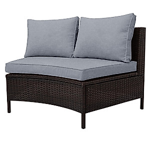 BIADNBZ 5 Pieces Patio Furniture Weather PE Wicker Modular Outdoor Sectional Sofa Half-Moon Conversation Couch Set with Tempered Glass Table, 47.6 inch, Brown Rattan+Gray Cushion