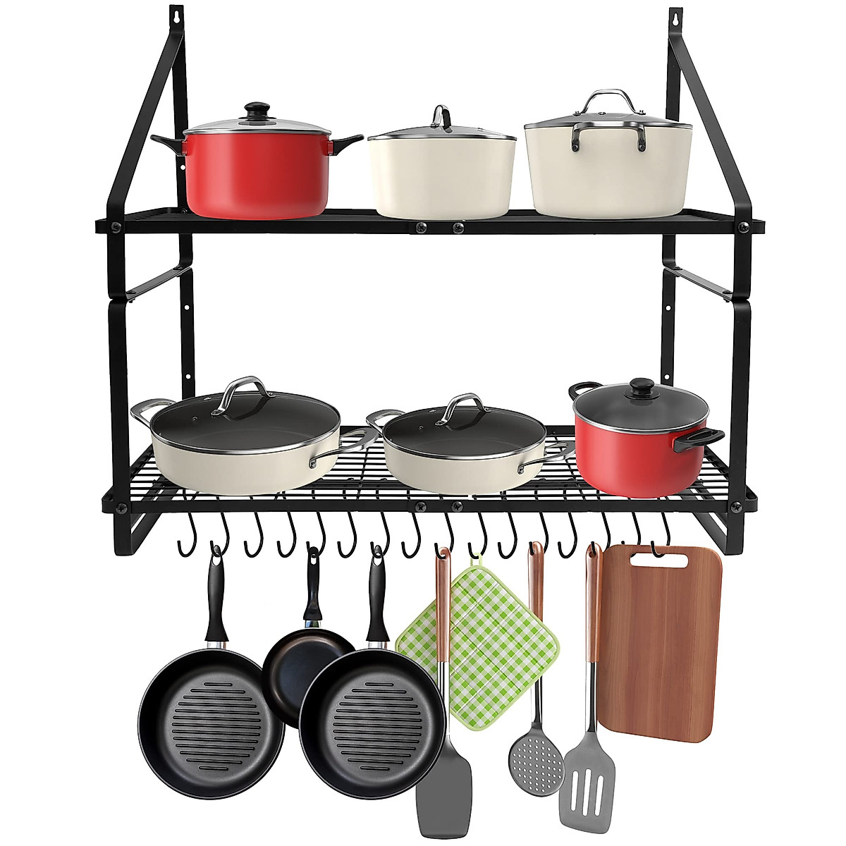 JS HANGER Pot Rack Wall Mounted, 2 Tier Pot and Pan Hanging Rack Organizer Wall Shelves with 16 Hooks for Kitchen Cookware Utensils Organization Black