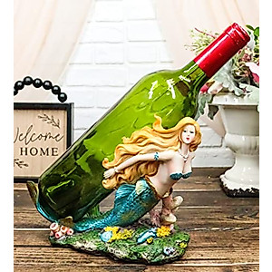 Ebros Nautical Coastal Beach Colorful Blonde Mermaid with Shimmering Blue Tail Swimming by Corals Wine Holder Display Figurine Resin Sea Siren Kitchen Decor Party Centerpiece Ocean Reef Nymph Statue