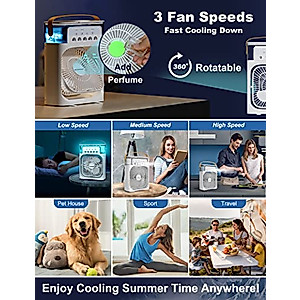 4-IN-1 Portable Air Conditioners Fan, Personal Mini Air Conditioner with 3-Speeds/5 Humidifier Misting Hole/7 Colors Light, USB Handle Evaporative Cooler with Auto Timer for Room Office Travel (ST-02)