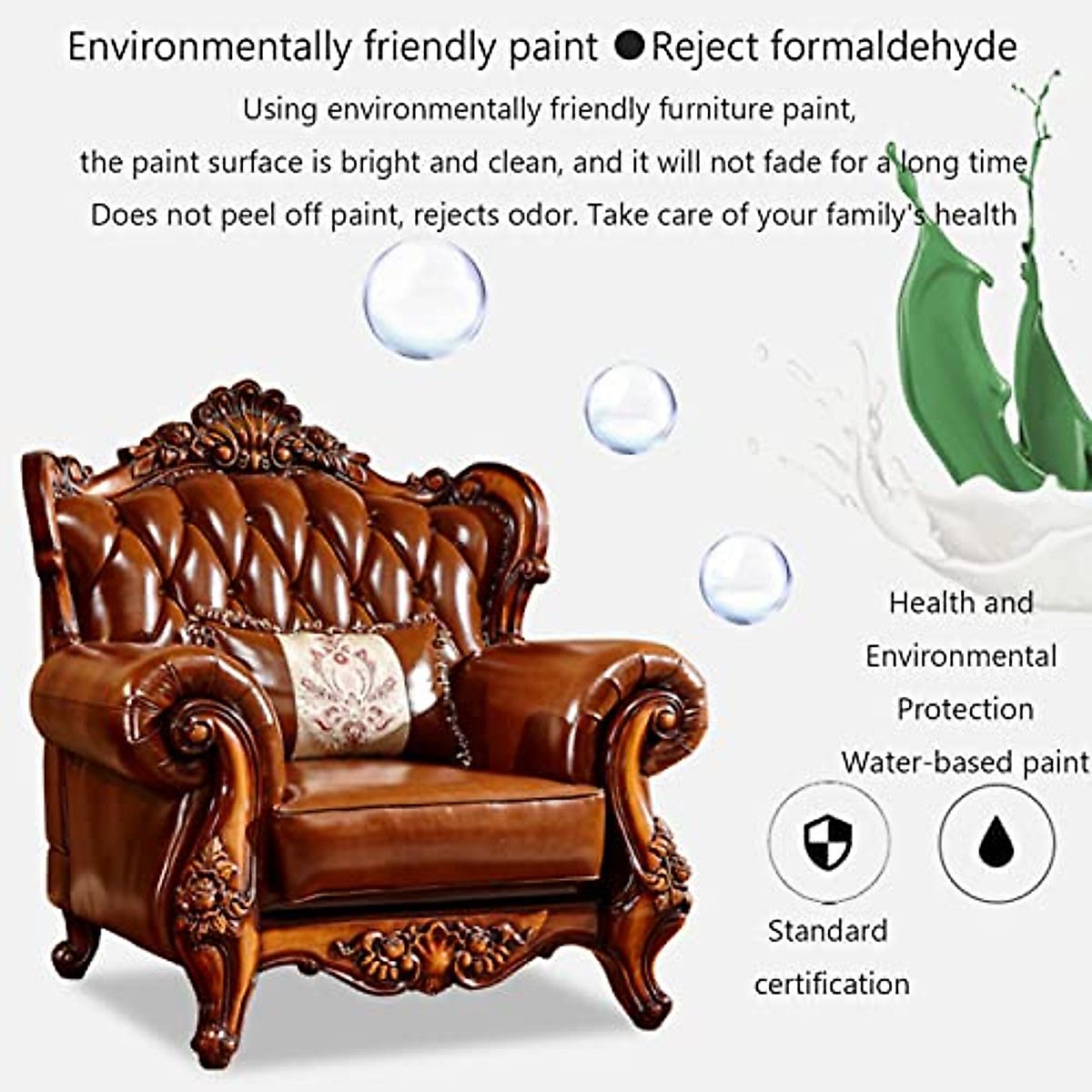 DEKIST European-Style Leather Sofa, Solid Wood Carved High-end American-Style Sofa Villa Living Room Furniture Suitable for Villa Living Room with Pillows Sofa