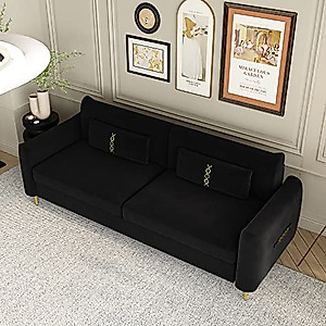 Spaco 85'' Loveseat Sofa Couch,Black Velvet Sofa with Golden Metal Leg and Removable Cushion,Sleeper Sofa Bed with 2 Pillows for Apartment,Living Room (Black)