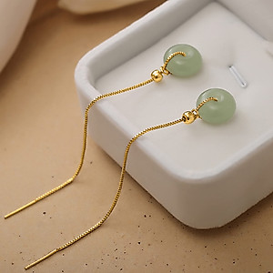B&D Labor Day Gifts for Wife Mom 14K Gold Filled Hetian Jade Dangling Earrings Handmade Natural Bead Drop Earrings Green Long Wire Bridal Jade Jewelry Birthday Gift for Women (Green)
