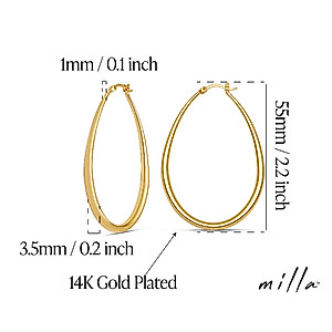 MILLA Oval Hoop Earrings - 14K Gold Plated, Rose Gold Plated and Sterling Silver Plated Hoop Earrings for Women - Hypoallergenic & Lightweight (14K Gold Plated / 55 mm / 2.2 inches)