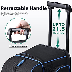 GoHimal Double Roller 2 Ball Bowling Bag with Separate Shoe Compartment for Bowling Shoes (Up To US Mens Size 15) and Oversized Accessory Pocket, Retractable Handle - Extends to 40" (Black-Blue)