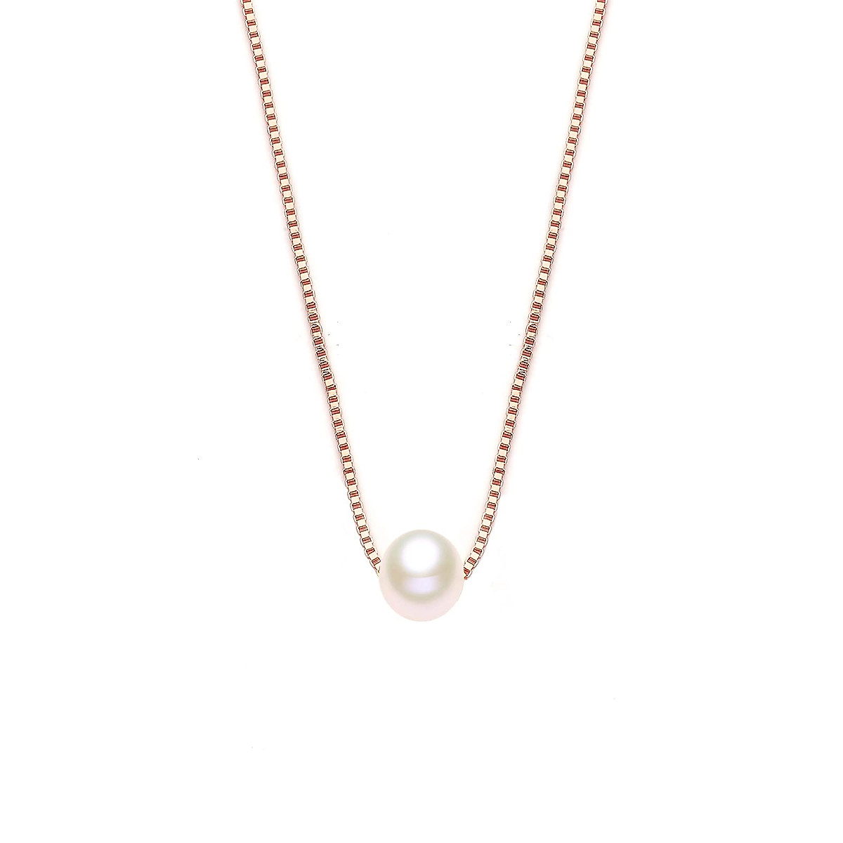 14K Yellow Gold Pearl Necklace for Women, Real Gold Durable Box Chain with Single Cultured Pearl Pendant Necklace Anniversary Birthday Gift for Her, Wife, Mother, Girl 18 Inch (Rose Gold)