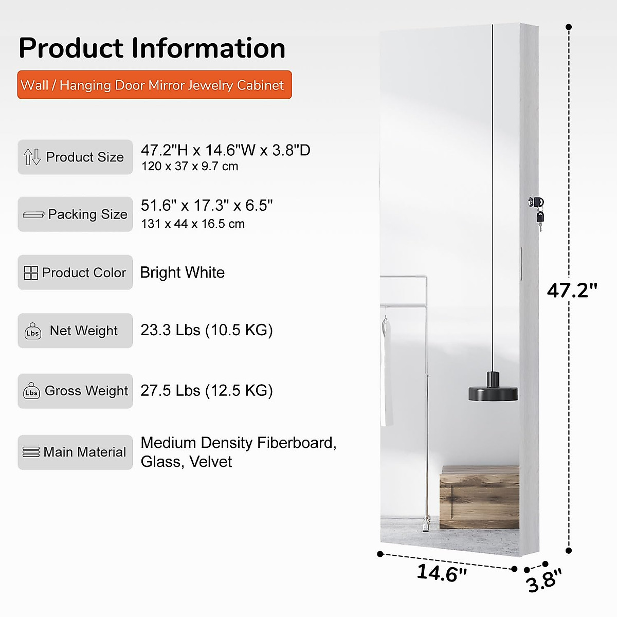 GISSAR Full Length Mirror Jewelry Cabinet, 6 LEDs Jewelry Armoire Wall Mounted Over The Door Hanging, Jewelry Organizer Storage with Lights Lockable, Bright White, 14.6" x 47.2"