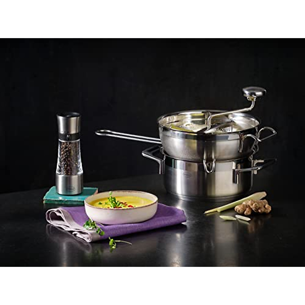 Rösle Stainless Steel Food Mill with Handle and 2 Grinding Disc Sieves