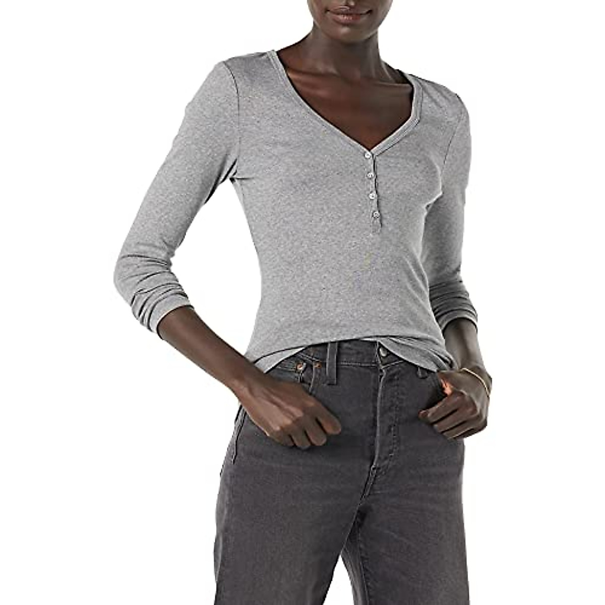 Amazon Essentials Women's Ribbed Knit Long Sleeve Henley Slim Fit T-Shirt, Grey Heather, X-Small