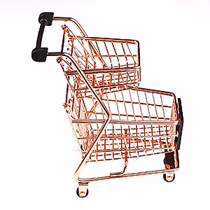 Wowagoga Mini Metal Shopping Cart Supermarket Handcart Trolley, Table Office Novelty Decoration, Creative Storage Tools (Rose Gold, Double-Deck)