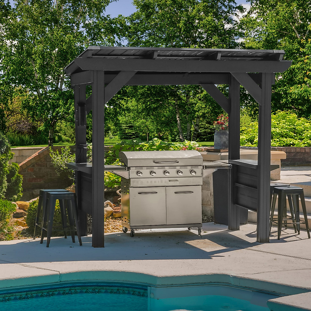 Backyard Discovery Rockport 8' x 6' Galvanized Steel BBQ Grill Gazebo Pavilion with Hardtop Steel Roof, Bar Tops, Powerport, Snow Load Support, Wind Resistance, Cook Station for Outdoor Patio or Deck