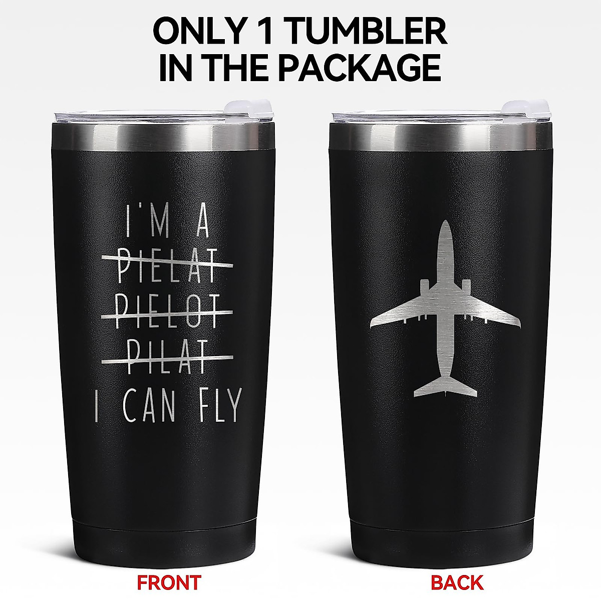 KIKERRO Pilot Gifts – Laser Engraved Aviation Mug for Pilots & Flight Attendants - Airplane-Themed Gift for Men, Christmas & Birthday, 20oz Stainless Steel Travel Tumbler with Lid & Straw