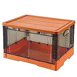 Plastic Collapsible Storage Bins,Stackable Lidded Storage Bins Durable Thick Folding Utility Crates Clear Containers,Storage Cubes Bins Organizer for Wardrobe Closet Groceries-Orange 54l(19.4x14.3x11.