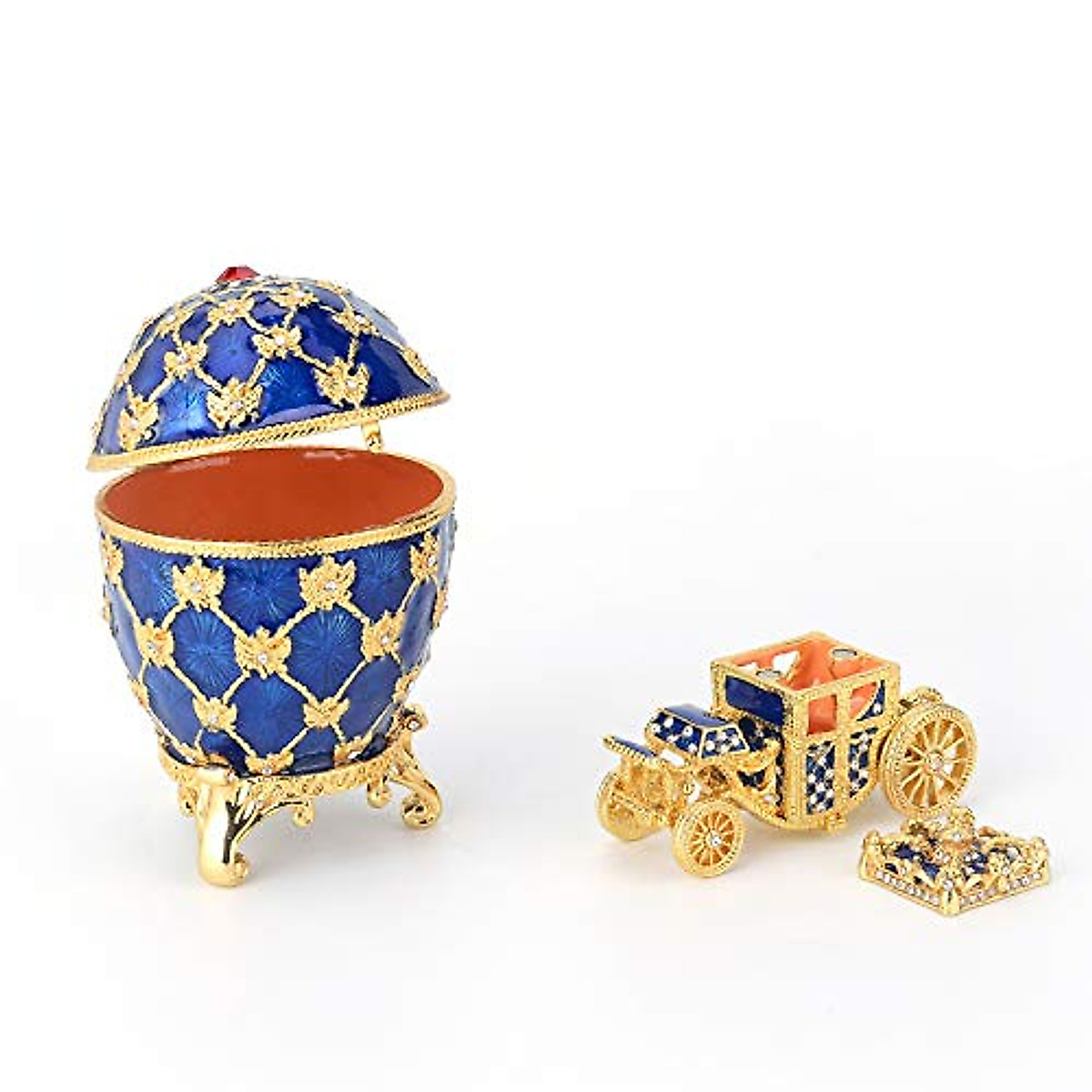QIFU Vintage Blue Faberge Egg Style Jewelry Trinket Box with Mini Royal Carriage, Unique Gift for Easter Collection