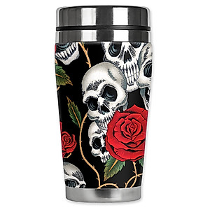 Mugzie Skull & Roses Travel Mug with Insulated Wetsuit Cover, 16 oz, Black