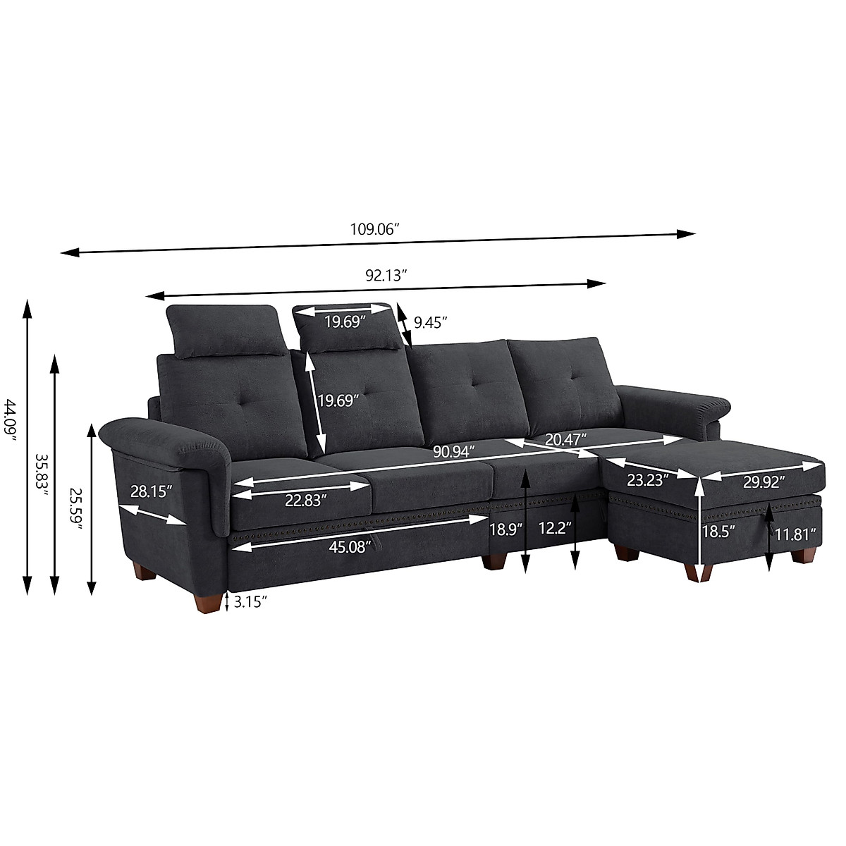 Chireca Convertible Sectional Sofa, Modern Microfibe L Shaped Couch with Storage Chaise and Cup Holder 4 Seat Sofa Couches with Extra Headrests for Living Room, Apartment, Dark Grey