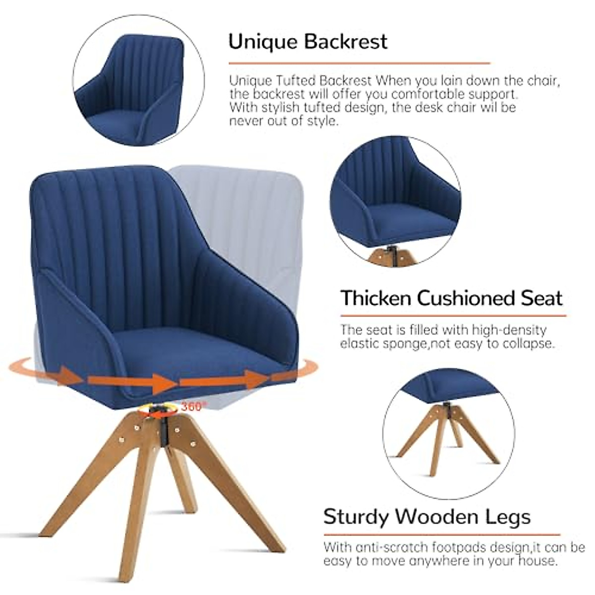 Furniliving 36.8 Inch Modern Swivel Accent Chair, Mid Century Living Room Chair with Wood Legs Comfy Mid Back Arm Chairs Home Office Desk Chair No Wheels for Bedroom, DarkBlue