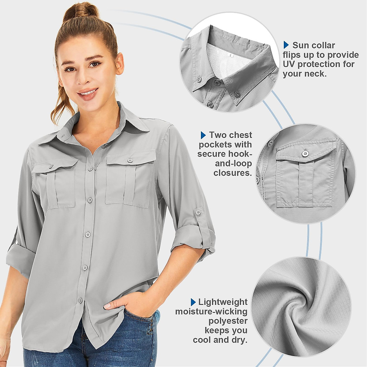 Women's Quick Dry Sun UV Protection Convertible Long Sleeve Safari Shirts for Hiking Camping Fishing Sailing#5070 Light grey,L