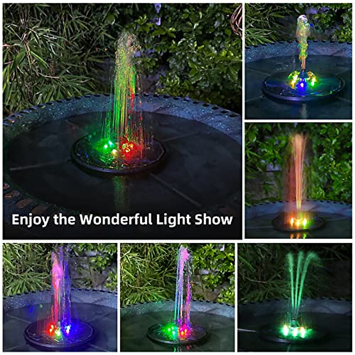 AMIAEDU Solar Fountain, Powered Water 4W Pump for Bird Bath with LED Lights, 7 Nozzle and Fixer Hummingbird Garden, Pond, Pool, Fish Tank, , Black