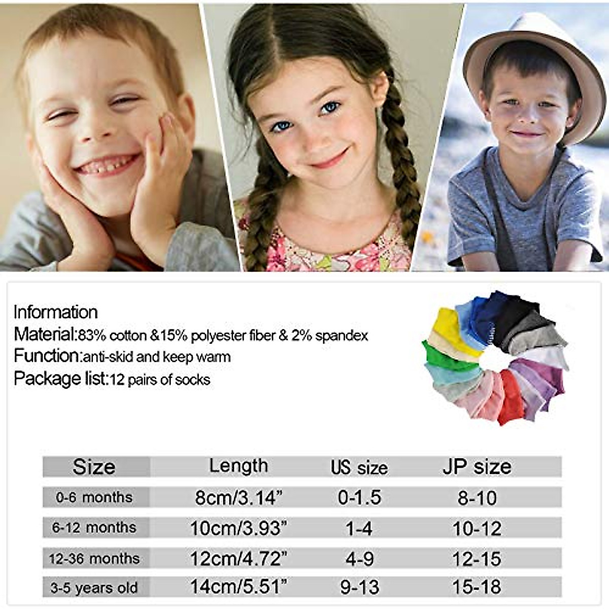 EPEIUS Baby Socks Low Cut Non-Slip Socks for Toddler Boys Girls Ankle Socks with Grips Value Pack Kids Grip Socks Non Skid 12 Pack 3-5 Years