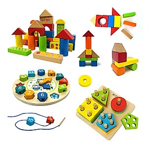 NatyPi Wooden Montessori Educational Preschool Toddler Toys Shape Color Sorting Stacking Building Blocks Learning Puzzle Clock Toys Set Birthday Gift for 2 3 4 Years Old Boys Girls