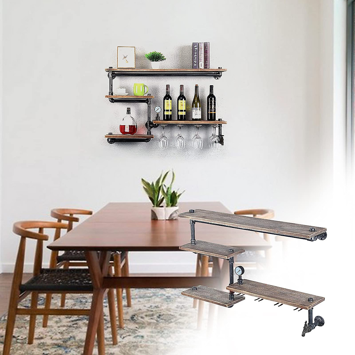 Wall Wine Rack with 4 Stem Glass Holder Wall-Mounted Wine Racks, 39.37" Industrial Pipe Shelf Wine Rack Metal Floating Bar Shelves, Farmhouse Wall Shelf Wine Holder for Kitchen Dining Room Bar