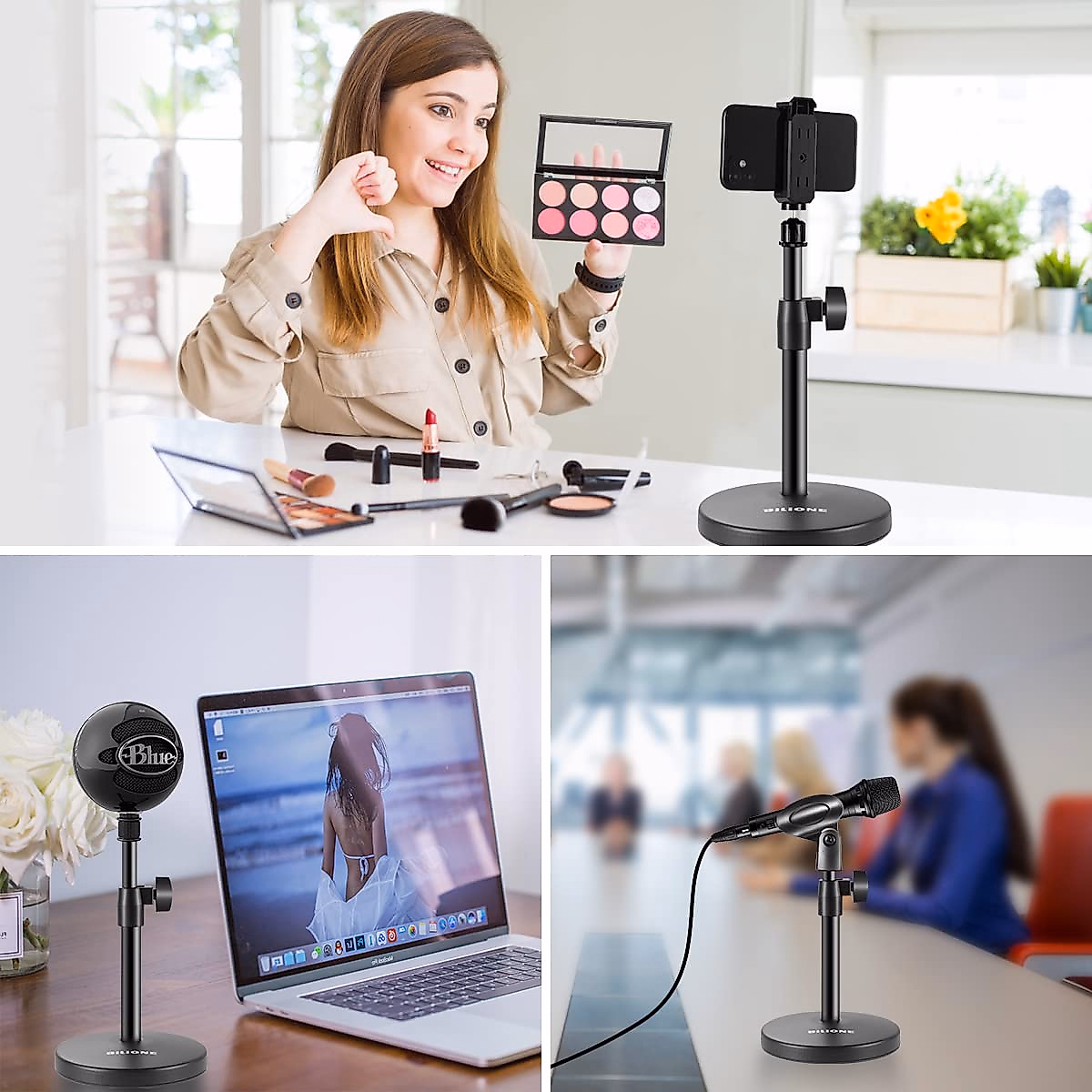 BILIONE 3 in 1 Multi-Function Desktop Microphone Stand, Adjustable Table Mic Stand with Microphone Clip, Cell Phone Clip, 5/8" Male to 3/8" Female Metal Adapter