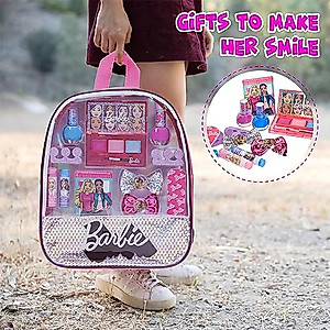 Barbie - Townley Girl 15 Pcs Makeup Filled Backpack Cosmetic Gift Set with Mirror Includes Lip Gloss, Nail Polish, Hair Bow & More! for Kids Girls, Ages 3+ Perfect for Parties, Sleepovers & Makeovers